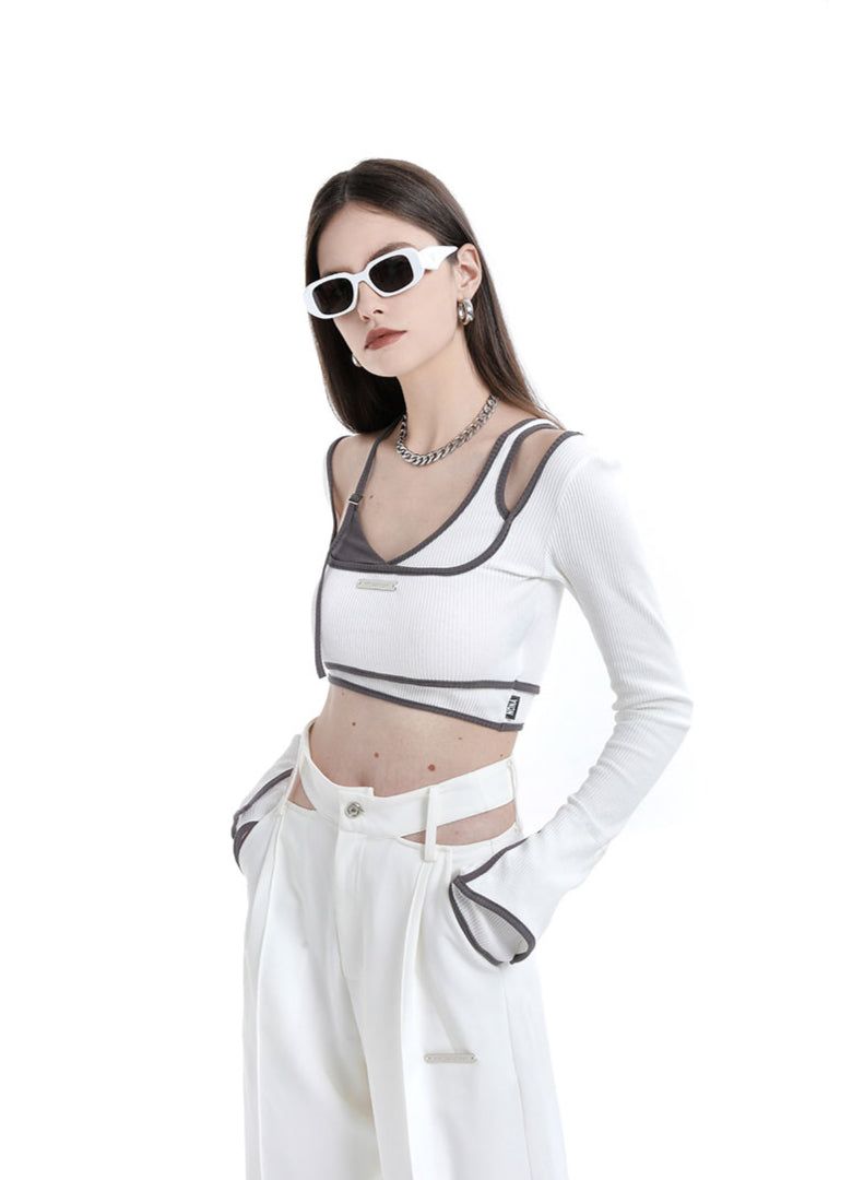 [AnyQ] Contrast hemm fake two-piece crop top – Uncut-Trends
