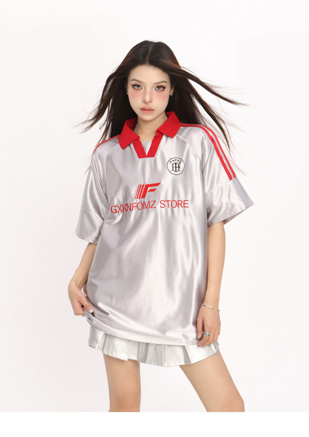 V-neck satin silver blockette top – Uncut-Trends